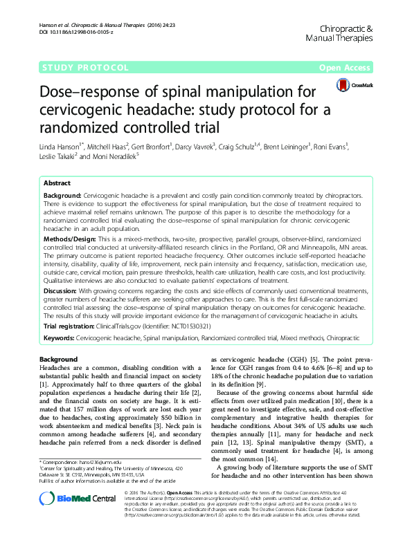(PDF) Dose-response of spinal manipulation for cervicogenic headache ...