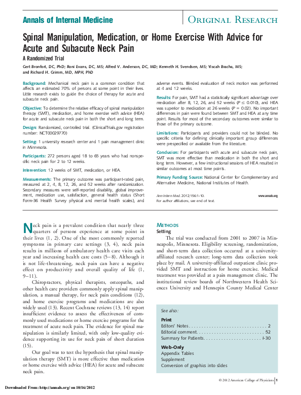 (PDF) Spinal Manipulation, Medication, or Home Exercise With Advice for ...
