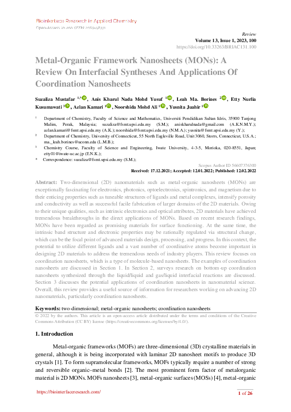 (PDF) Metal-Organic Framework Nanosheets (MONs): A Review On Interfacial Syntheses And ...