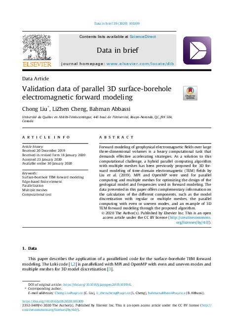 Pdf Validation Data Of Parallel 3d Surface Borehole Electromagnetic Forward Modeling