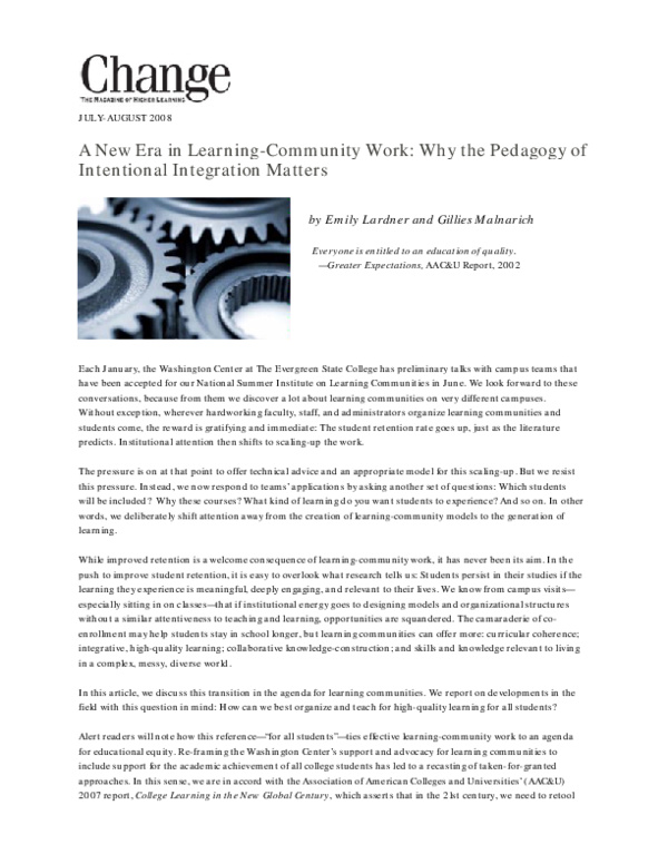 (PDF) A New Era in Learning-Community Work: Why the Pedagogy of ...