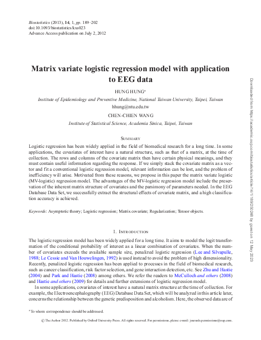 (PDF) Matrix variate logistic regression model with application to EEG data