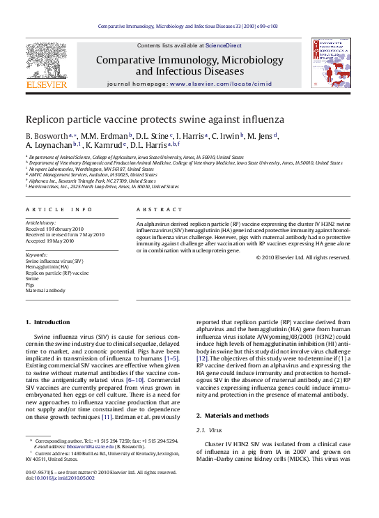 (PDF) Replicon particle vaccine protects swine against influenza | Kurt ...