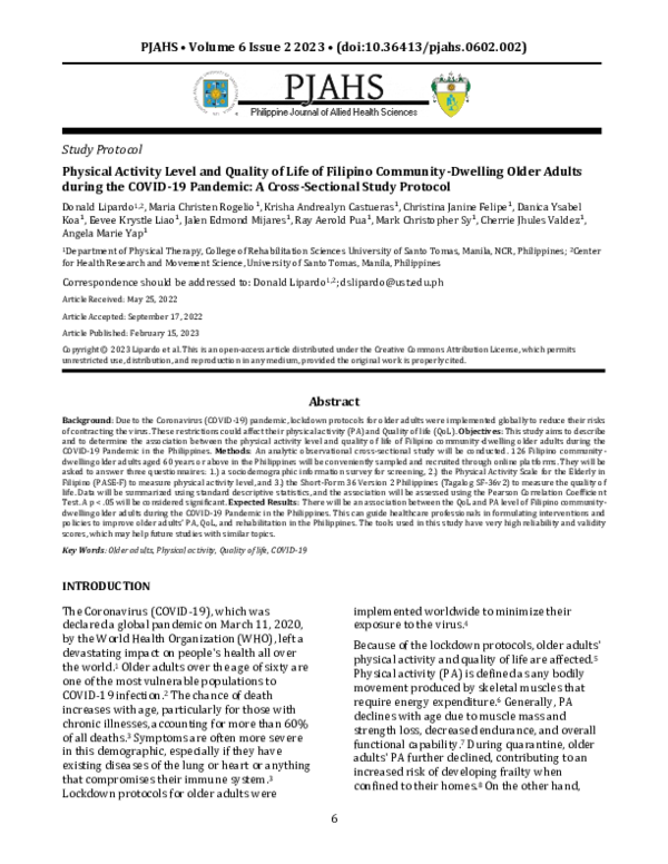 (PDF) Physical Activity Level and Quality of Life of Filipino Community-Dwelling Older Adults ...