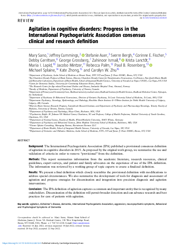 (PDF) Agitation in cognitive disorders: Progress in the International ...