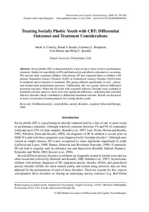 (PDF) Treating Socially Phobic Youth with CBT: Differential Outcomes ...
