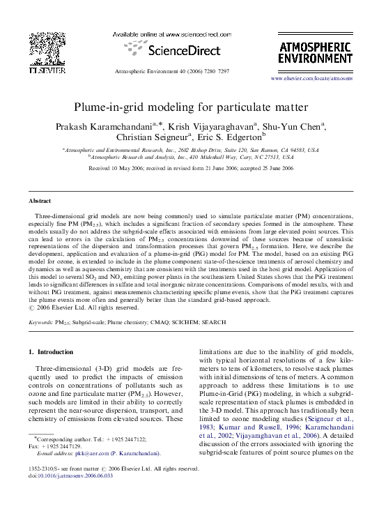 (PDF) Plume-in-grid modeling for particulate matter