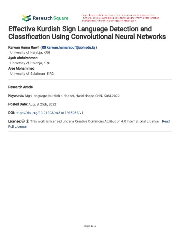 Pdf Effective Kurdish Sign Language Detection And Classification Using Convolutional Neural
