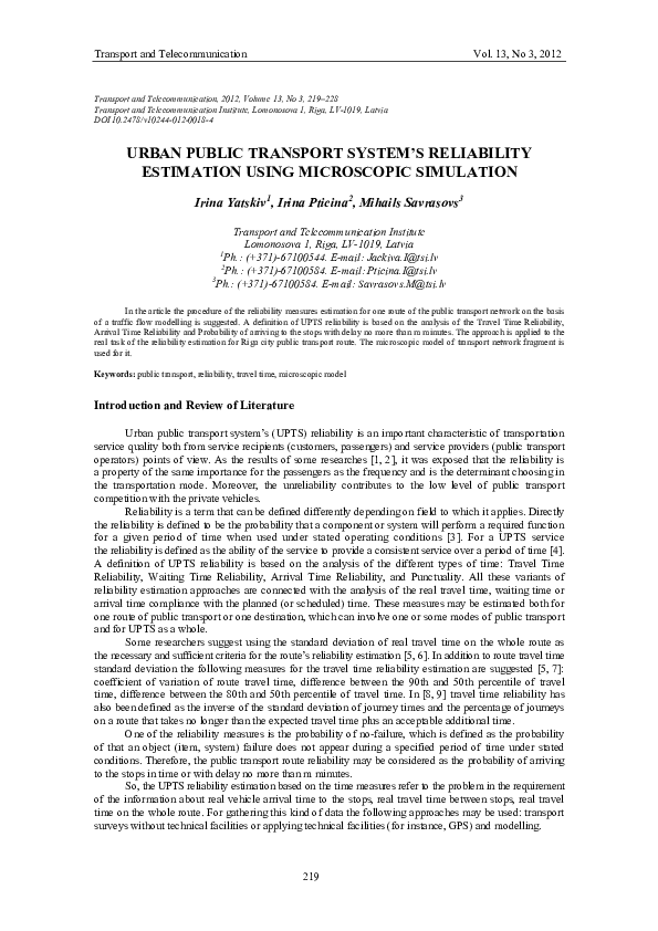 (PDF) Urban Public Transport System's Reliability Estimation Using ...