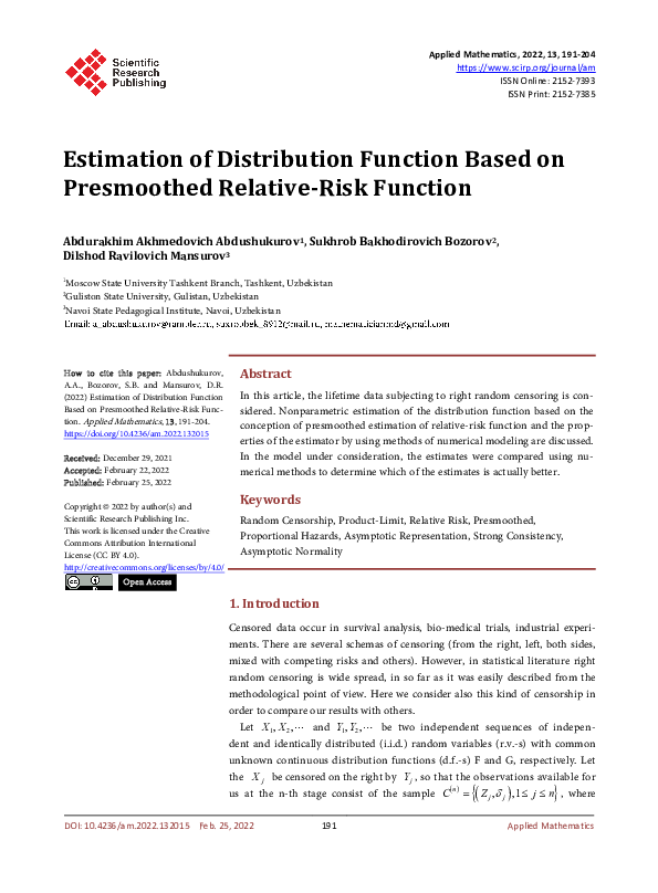 (PDF) Estimation of Distribution Function Based on Presmoothed Relative-Risk Function