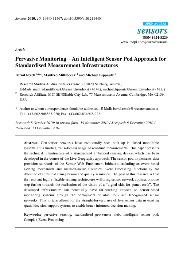 (PDF) Pervasive Monitoring—An Intelligent Sensor Pod Approach for Standardised Measurement ...