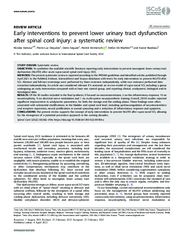 (PDF) Early interventions to prevent lower urinary tract dysfunction after spinal cord injury: a ...