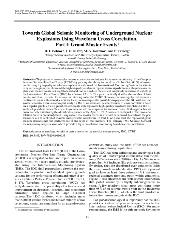 (PDF) Towards global seismic monitoring of underground nuclear explosions using waveform cross ...