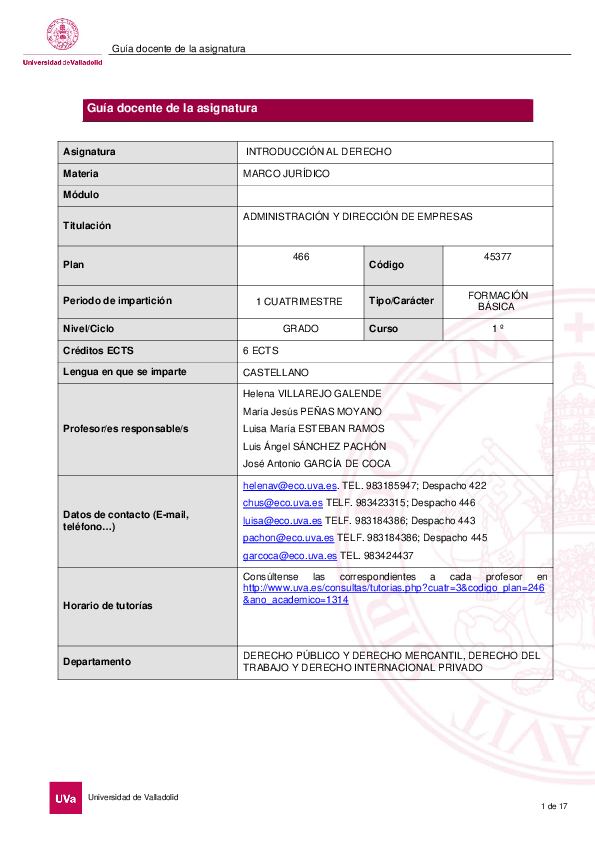 (PDF) Guía docente de la asignatura Guía docente de la asignatura Departamento DERECHO PÚBLICO Y ...