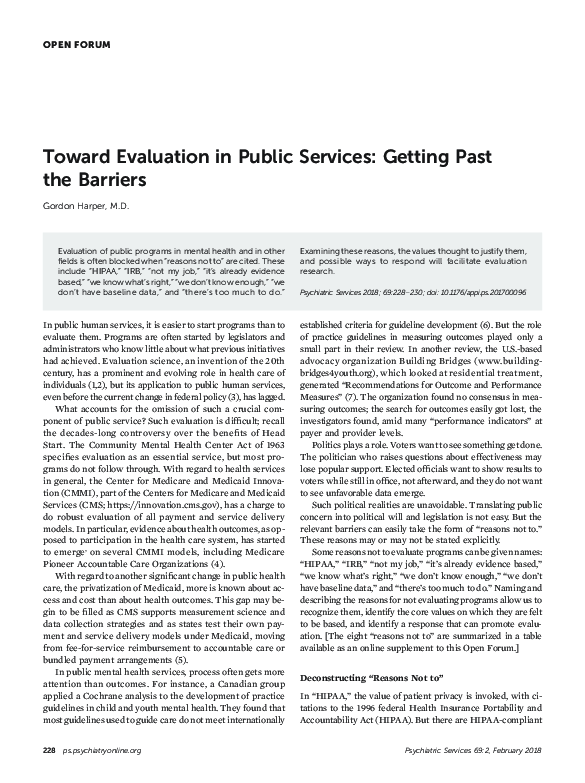 (PDF) Toward Evaluation in Public Services: Getting Past the Barriers