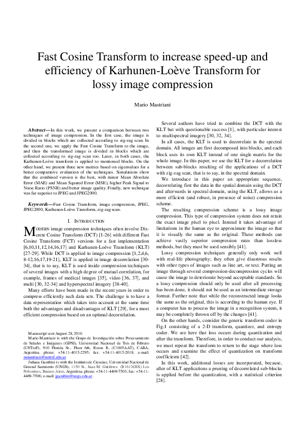 (PDF) Fast Cosine Transform To Increase Speed-Up And Efficiency Of Karhunen-Loève Transform For ...