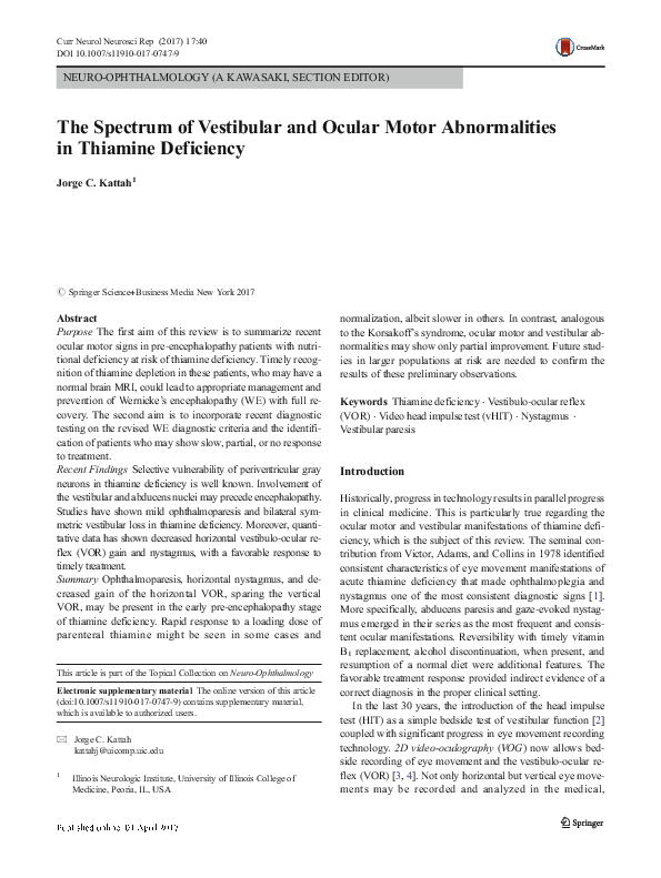 (PDF) The Spectrum of Vestibular and Ocular Motor Abnormalities in ...