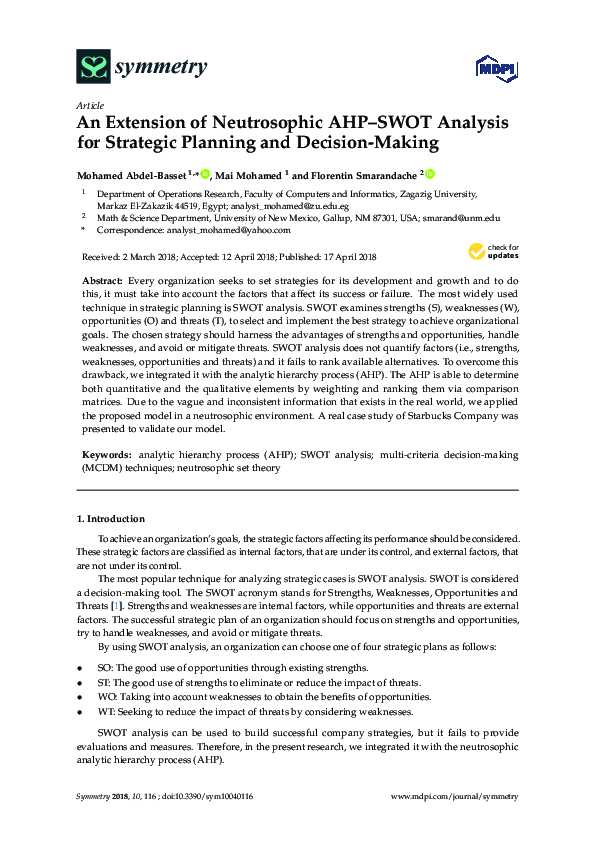 (PDF) An Extension of Neutrosophic AHP–SWOT Analysis for Strategic ...