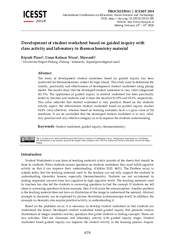 (PDF) Development of student worksheet based on guided inquiry with class activity and ...