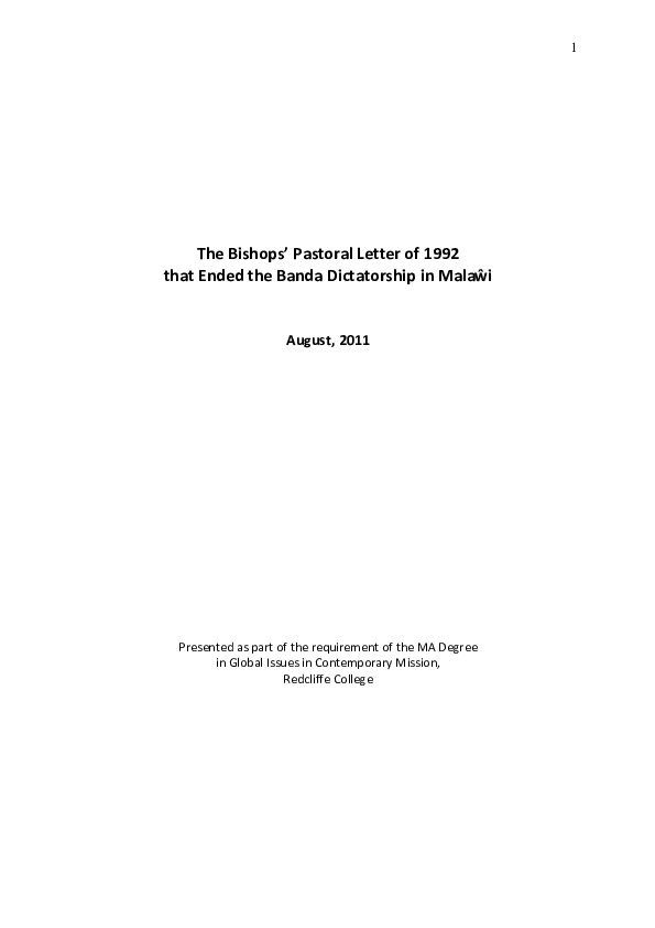 (PDF) The Bishops’ Pastoral Letter that Ended Dictatorship in Malawi