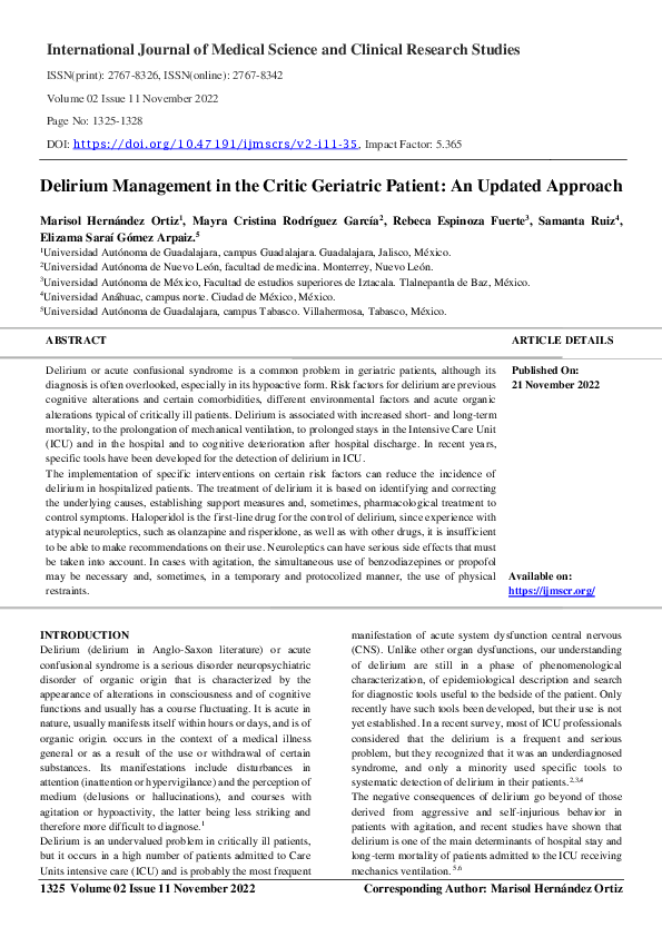 (PDF) Delirium Management in the Critic Geriatric Patient: An Updated Approach