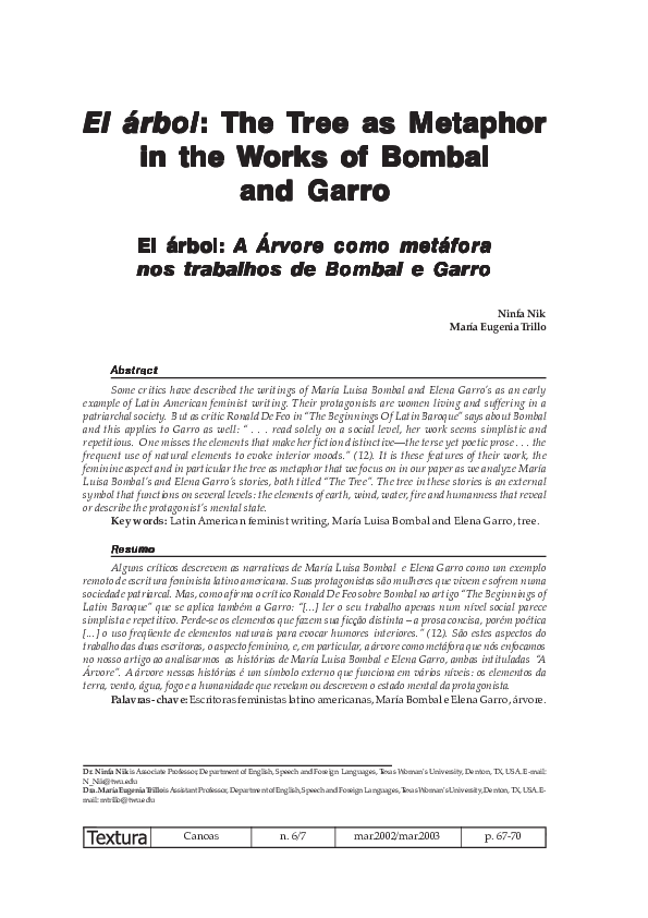(PDF) El árbo: The Tree as Metaphor in the Works of Bombal and Garro