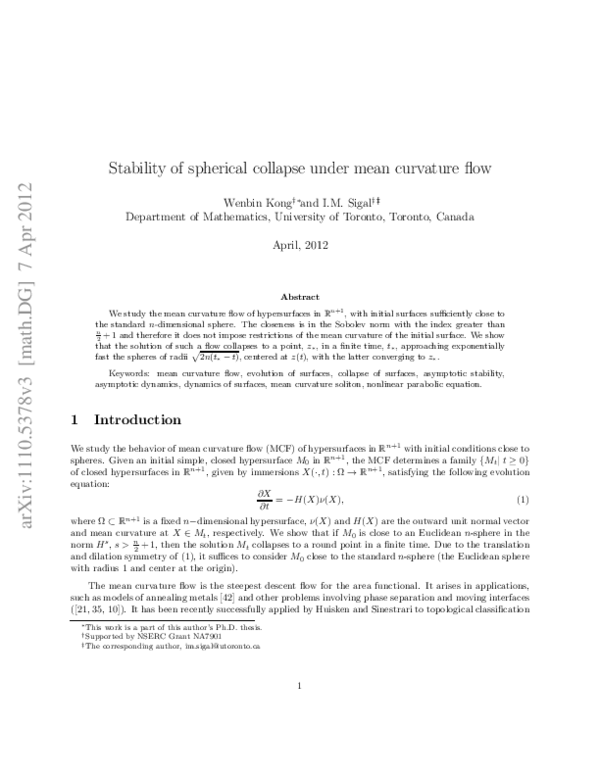 (PDF) Stability of spherical collapse under mean curvature flow