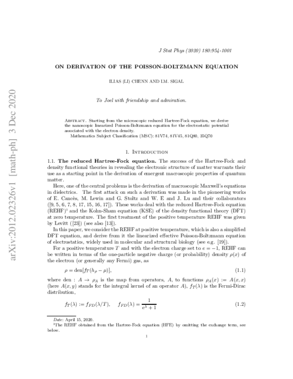 (PDF) On Derivation of the Poisson–Boltzmann Equation