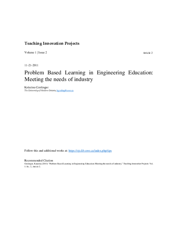 (PDF) Problem Based Learning in Engineering Education: Meeting the needs of industry | Katarina ...