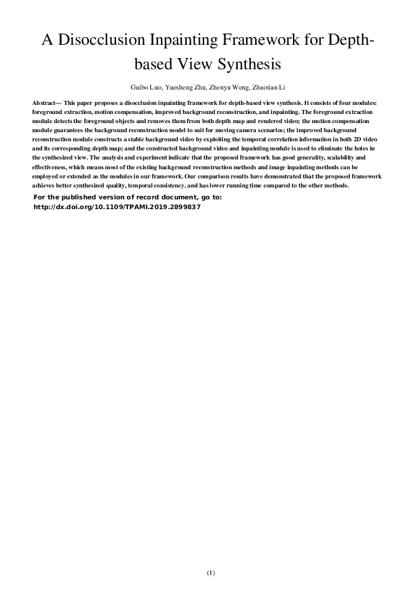 (PDF) A Disocclusion Inpainting Framework for Depth-Based View Synthesis