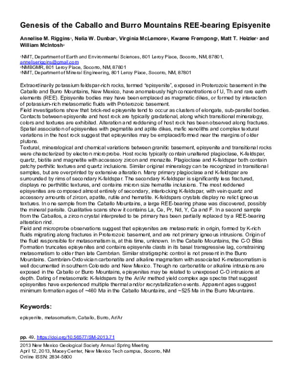 (PDF) Genesis of the Caballo and Burro Mountains REE-bearing Episyenite