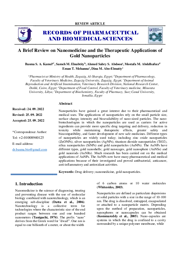 (PDF) A Brief Review on Nanomedicine and the Therapeutic Applications ...