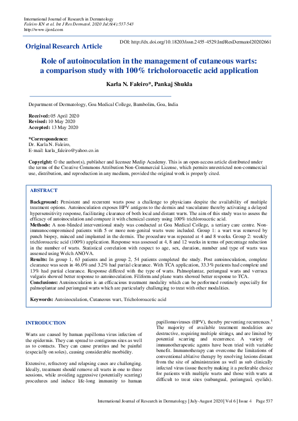 (PDF) Role of autoinoculation in the management of cutaneous warts: a ...