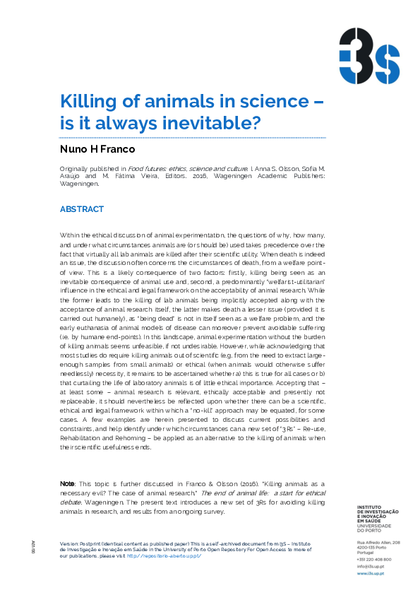 (PDF) 76. Killing of animals in science – is it always inevitable?