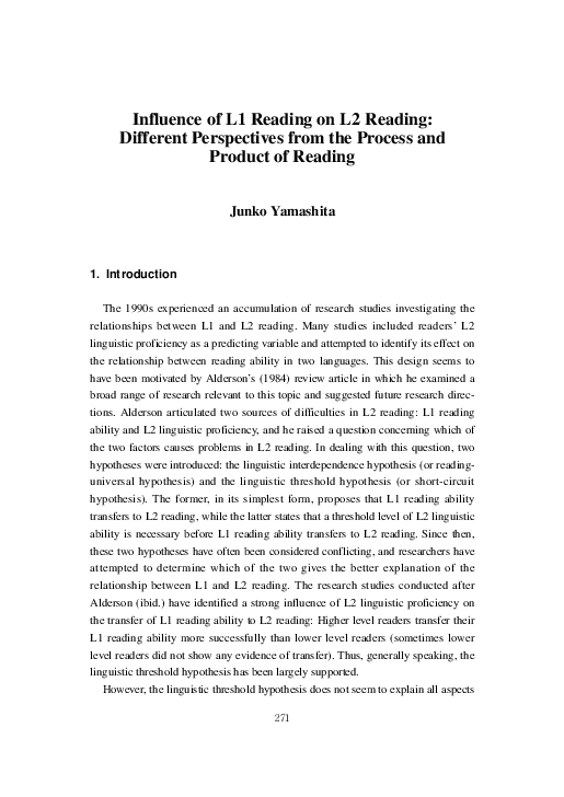 (PDF) Influence of L1 Reading on L2 Reading : Different Perspectives from the Process and ...