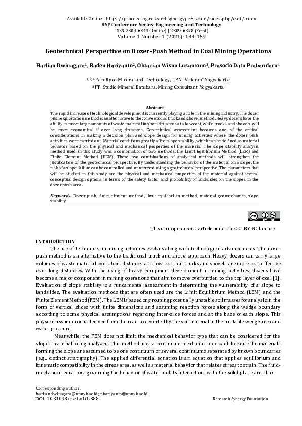 Pdf Geotechnical Perspective On Dozer Push Method In Coal Mining