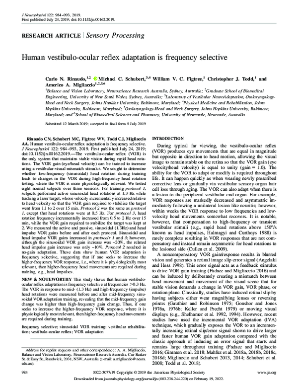 (PDF) Human vestibulo-ocular reflex adaptation is frequency selective | Carlo N Rinaudo ...