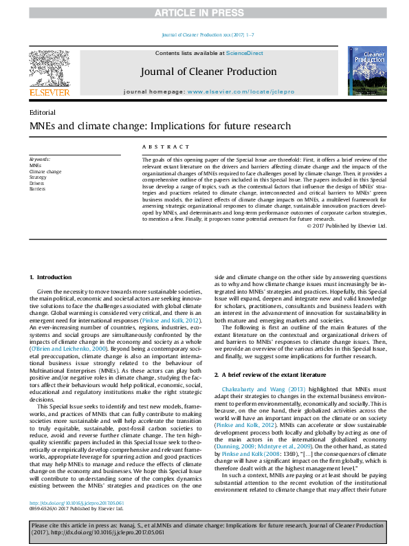 (PDF) MNEs and climate change: Implications for future research
