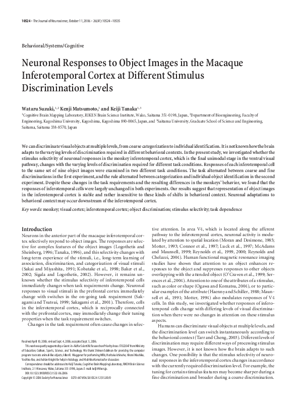 Pdf Neuronal Responses To Object Images In The Macaque Inferotemporal
