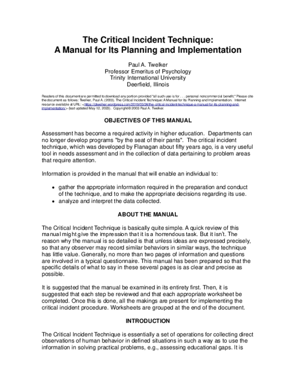(PDF) The Critical Incident Technique: A Manual for Its Planning and ...