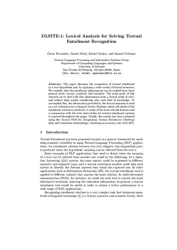 Pdf 2007b Dlsite 1 Lexical Analysis For Solving Textual Entailment