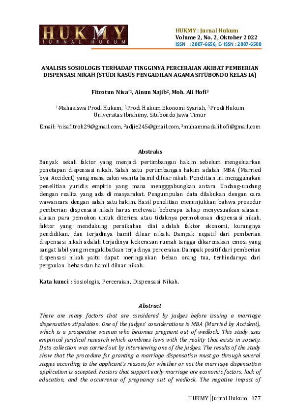 (PDF) Analisis Sosiologis Terhadap Tingginya Perceraian Akibat Pemberian Dispensasi Nikah (Studi ...