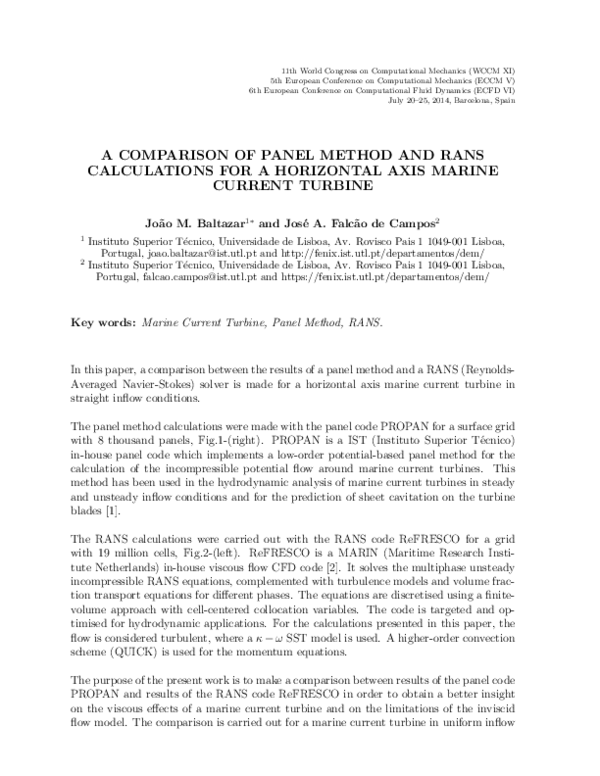 (PDF) A Comparison of Panel Method and RANS Calculations for a Horizontal Axis Marine Current ...
