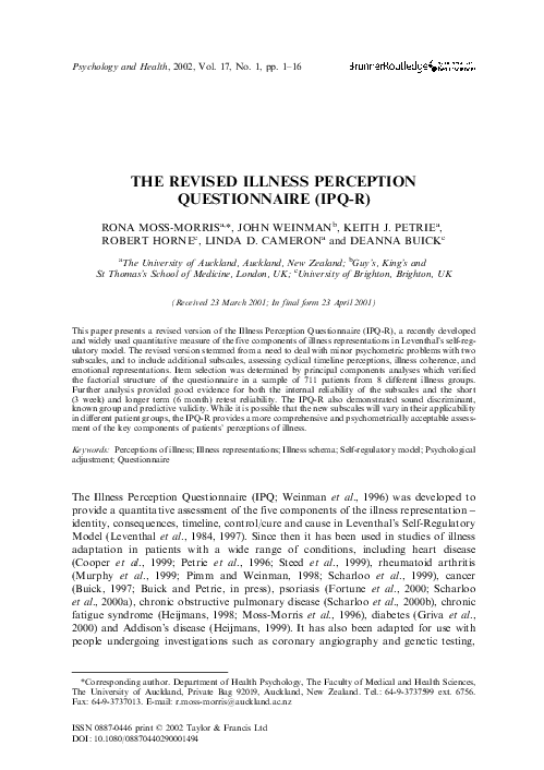 (PDF) The Revised Illness Perception Questionnaire (IPQ-R) | Daniela ...