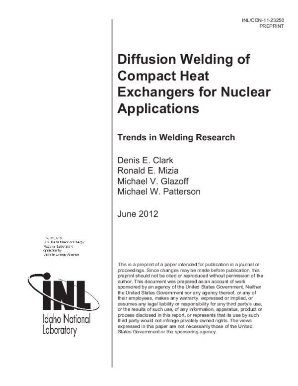 (PDF) Diffusion Welding of Compact Heat Exchangers for Nuclear Applications | Michael Glazoff ...