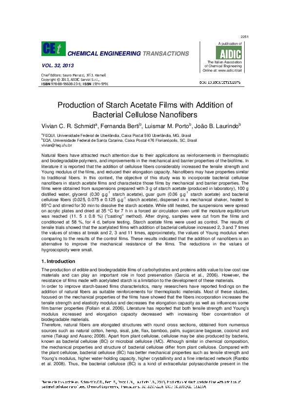 (PDF) Production of Starch Acetate Films with Addition of Bacterial Cellulose Nanofibers ...