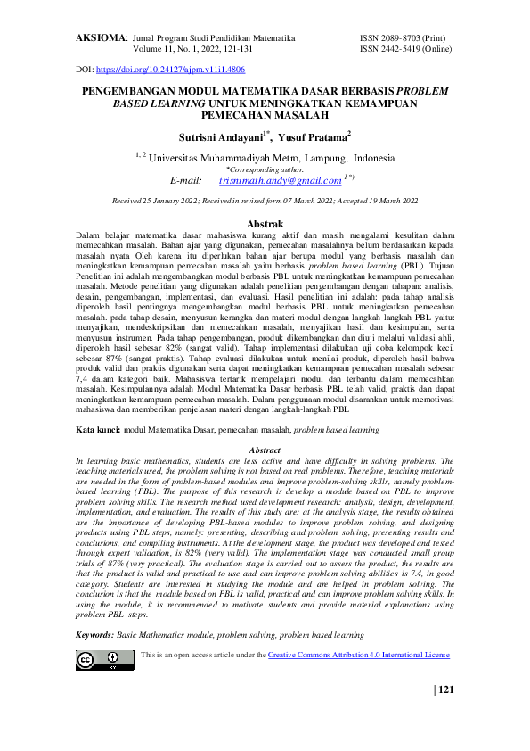 (PDF) Pengembangan Modul Matematika Dasar Berbasis Problem Based Learning Untuk Meningkatkan ...