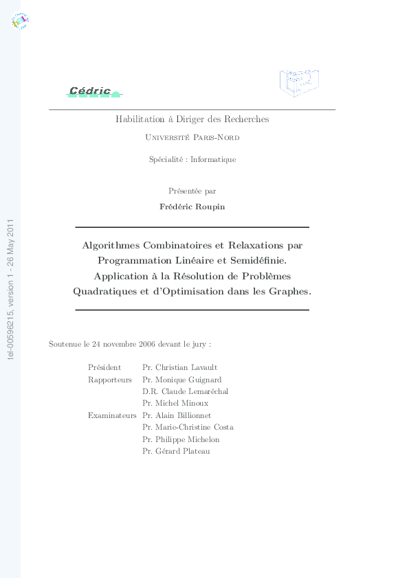 (PDF) … Combinatoires et Relaxations par Programmation Linéaire et Semidéfinie. Application à la ...