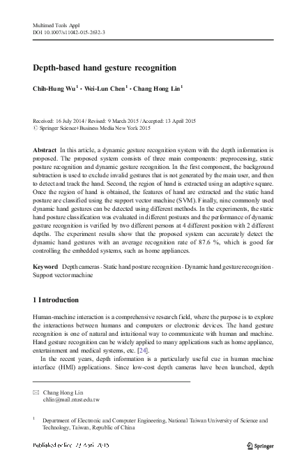 (PDF) Depth-based hand gesture recognition
