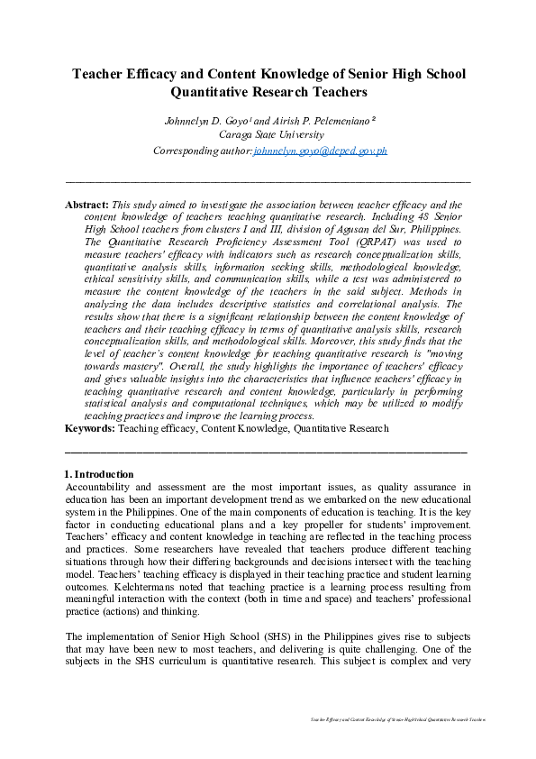 (DOC) Teacher Efficacy and Content Knowledge of Senior High School ...